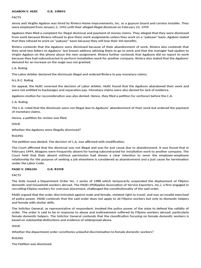 Supreme Court Labor Cases Summary | PDF | Overtime | Employment