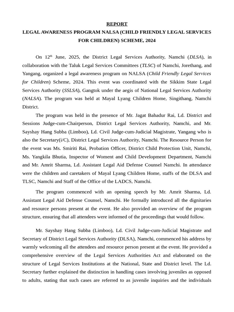 Report NALSA Child Friendly Legal Services | PDF | Alternative Dispute ...