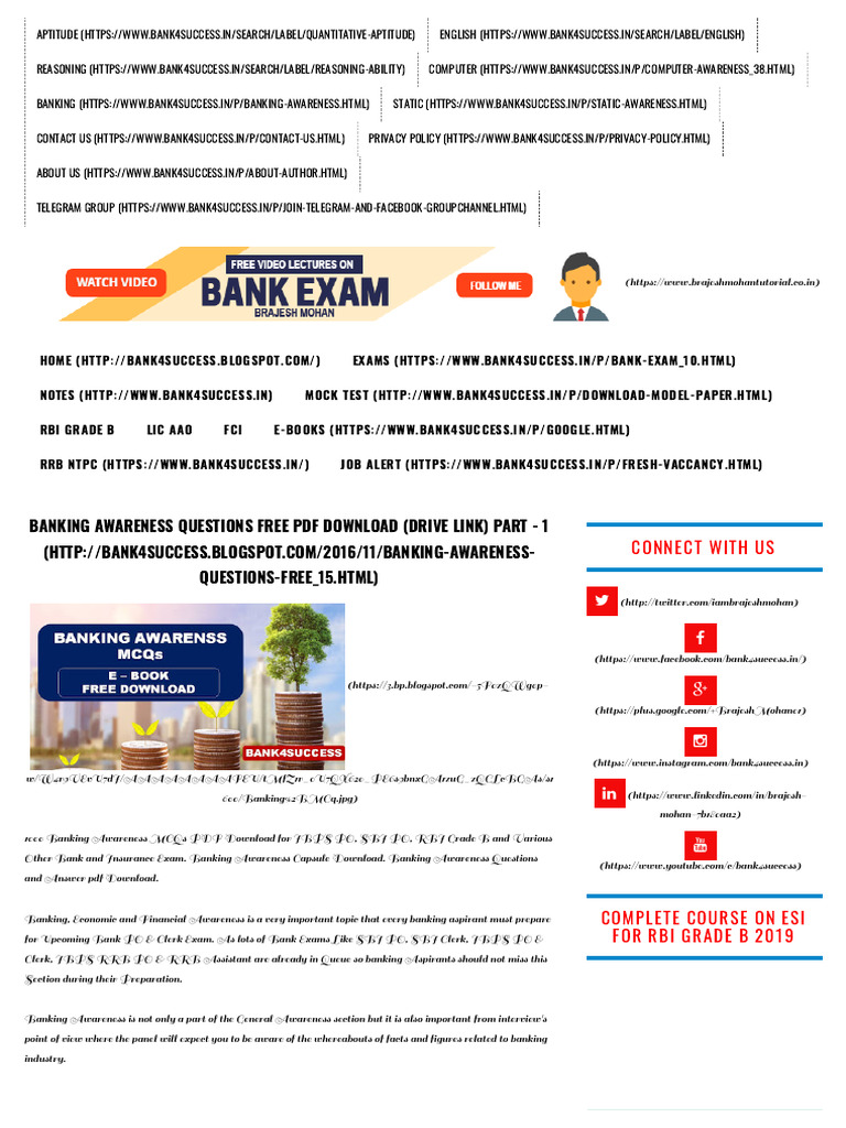 Banking Awareness Questions Free PDF Download (Drive Link) Part - 1 ...