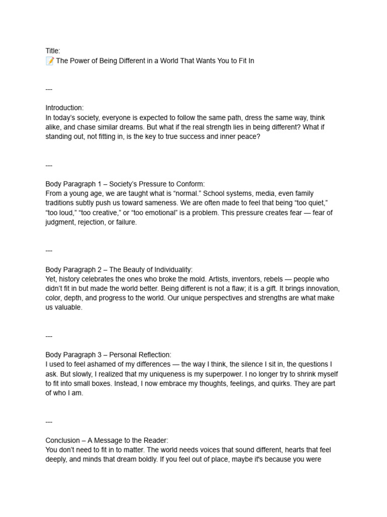 Essay - The Power of Being Different in A World That Wants You To Fit ...