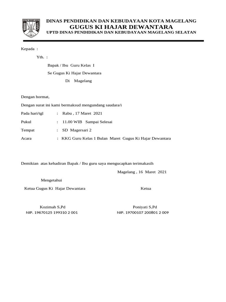 Undangan Rapat KKG Guru Kelas 1 | PDF