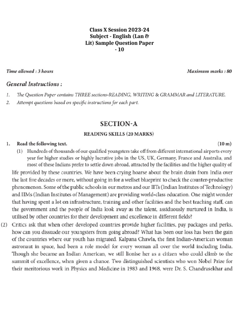 Sample Paper English 10th Class (2023-24) | PDF