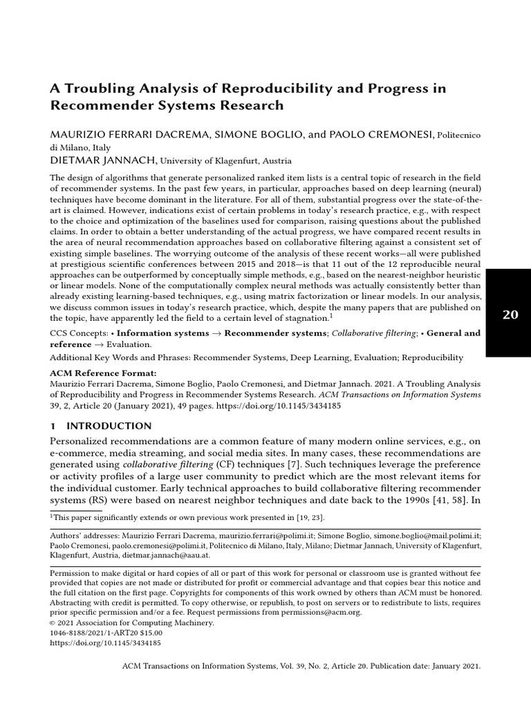 A Troubling Analysis of Reproducibility and Progress in Recommender Systems Research | PDF ...