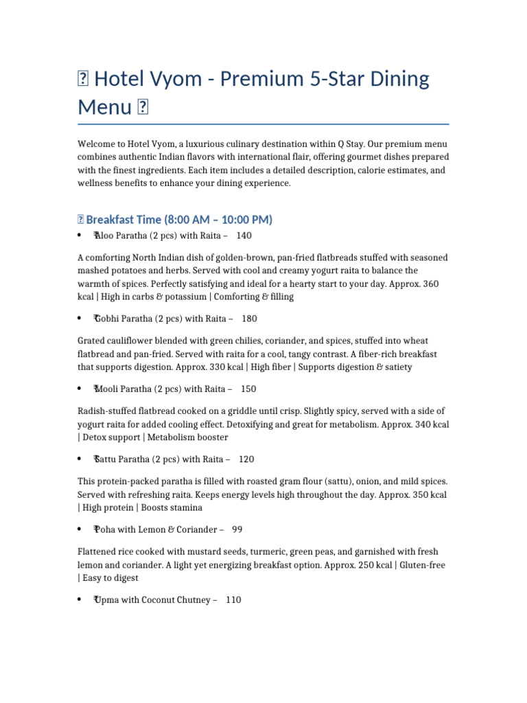 Hotel Vyom 5-Star Menu Overview | PDF | Indian Cuisine | Chutney