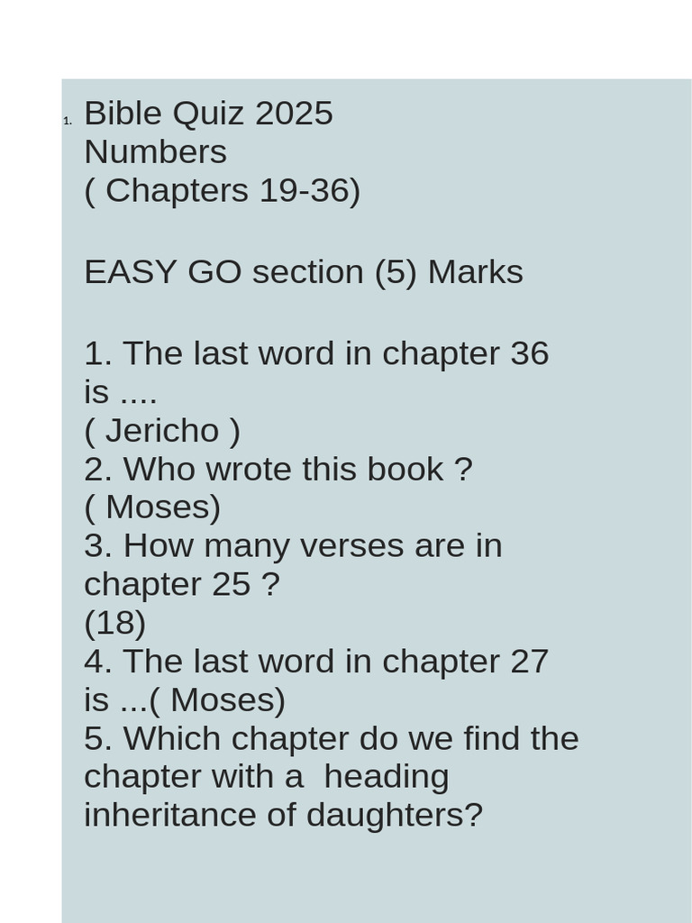 Numbers Bible Quiz 2025 | PDF | Books Of The Hebrew Bible | The Exodus