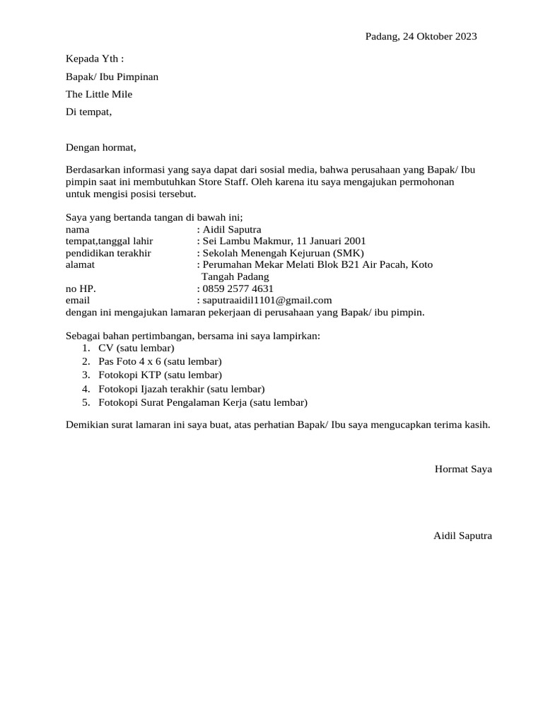 Lamaran Aidil TLM | PDF
