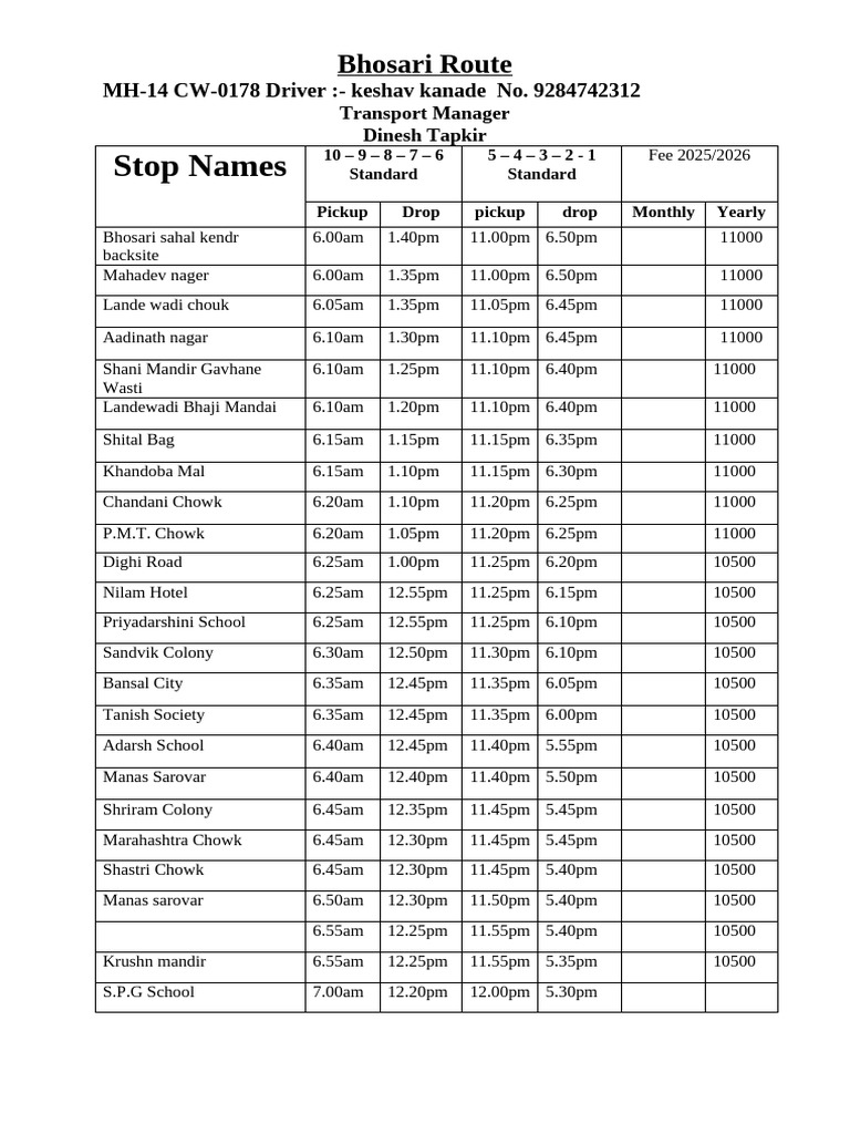 Bhosari Route Schedule and Fees | PDF