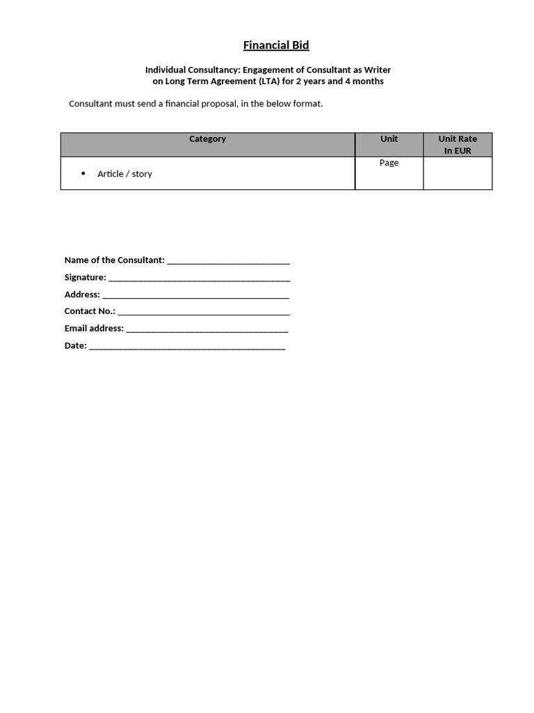 Financial Bid - Individual Writers On LTA | PDF