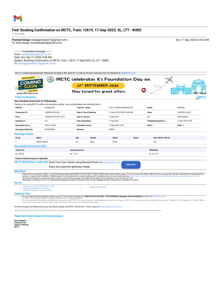 IRCTC Train Booking Confirmation 12619 | PDF | Banking Technology ...