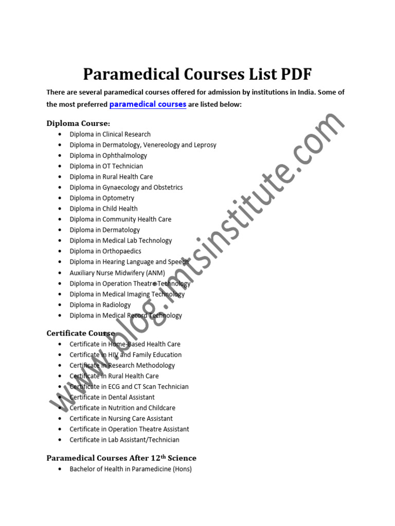 Comprehensive Paramedical Courses List | PDF | Paramedic | Doctor Of ...
