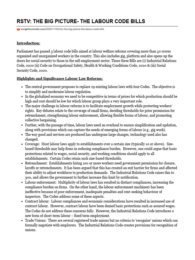 The Labour Code Bills - Insightsias | PDF | Labour Law | Labour Economics