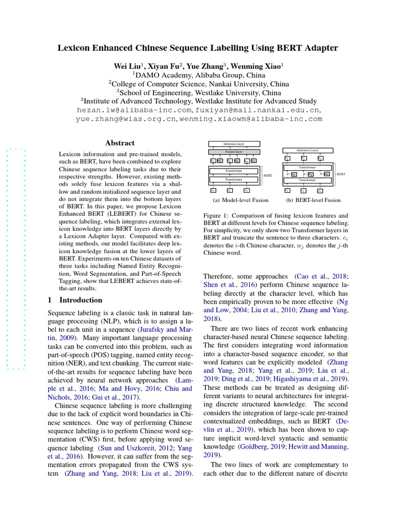 CNER-LEBERT Lexicon Enhanced Chinese Sequence Labelling Using BERT Adapter | PDF | Computational ...