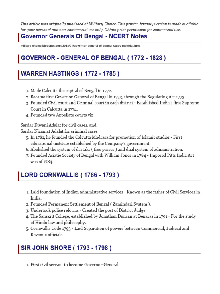 Governor Generals of Bengal - NCERT Notes | PDF | British India