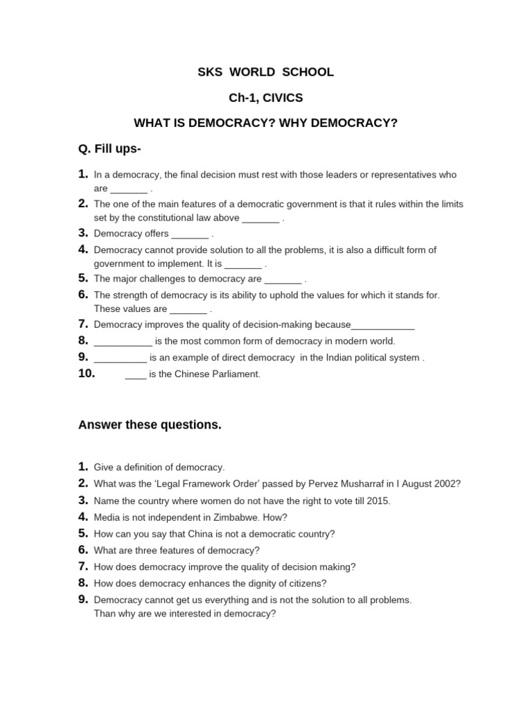 Civics Class 9 Worksheet | PDF