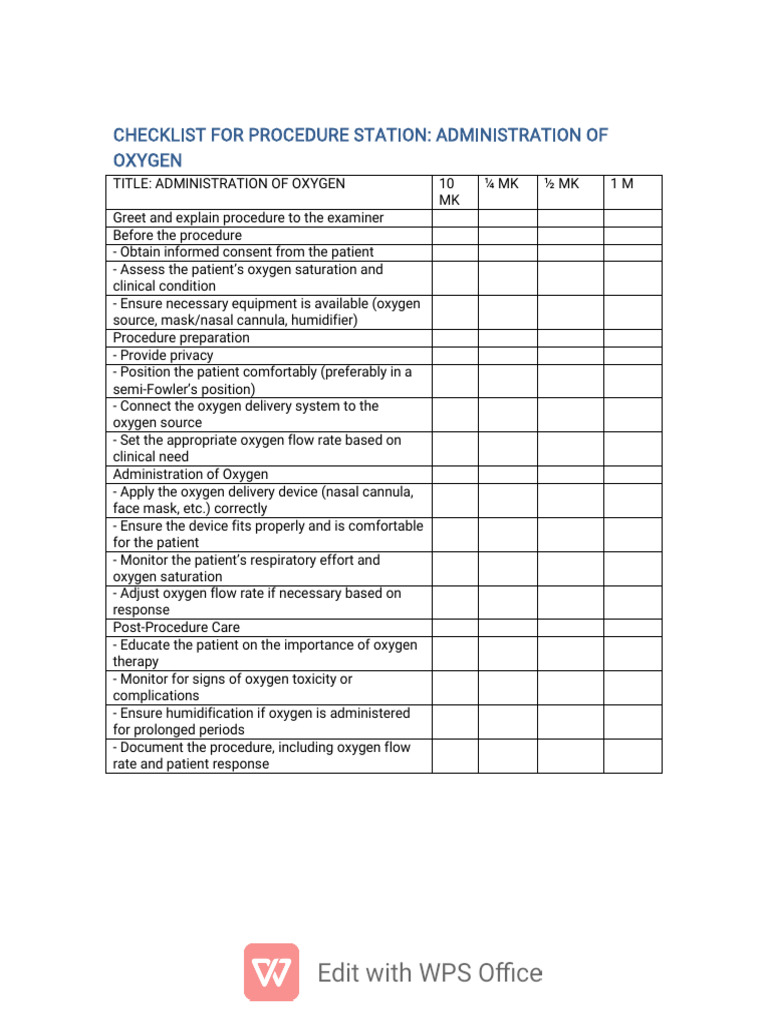Oxygen Administration Checklist | PDF