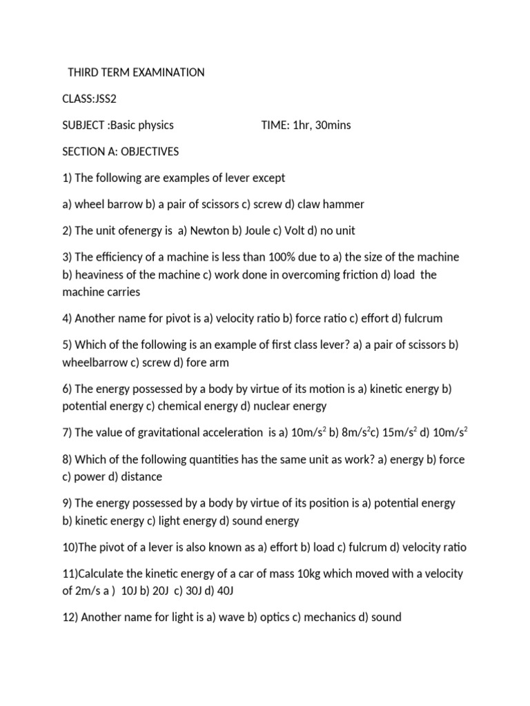 JSS2 Basic phys-WPS Office | PDF | Lever | Heat Transfer