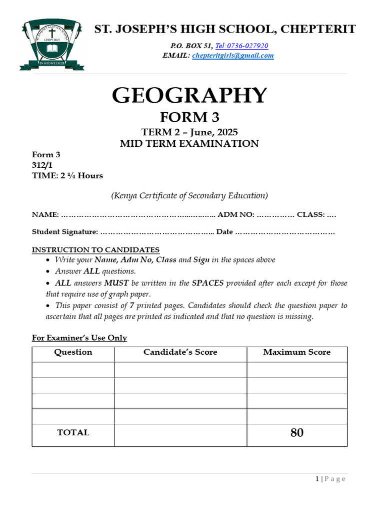 Geography Form 3 Mid Term II 2025 | PDF | Geology | Physical Geography