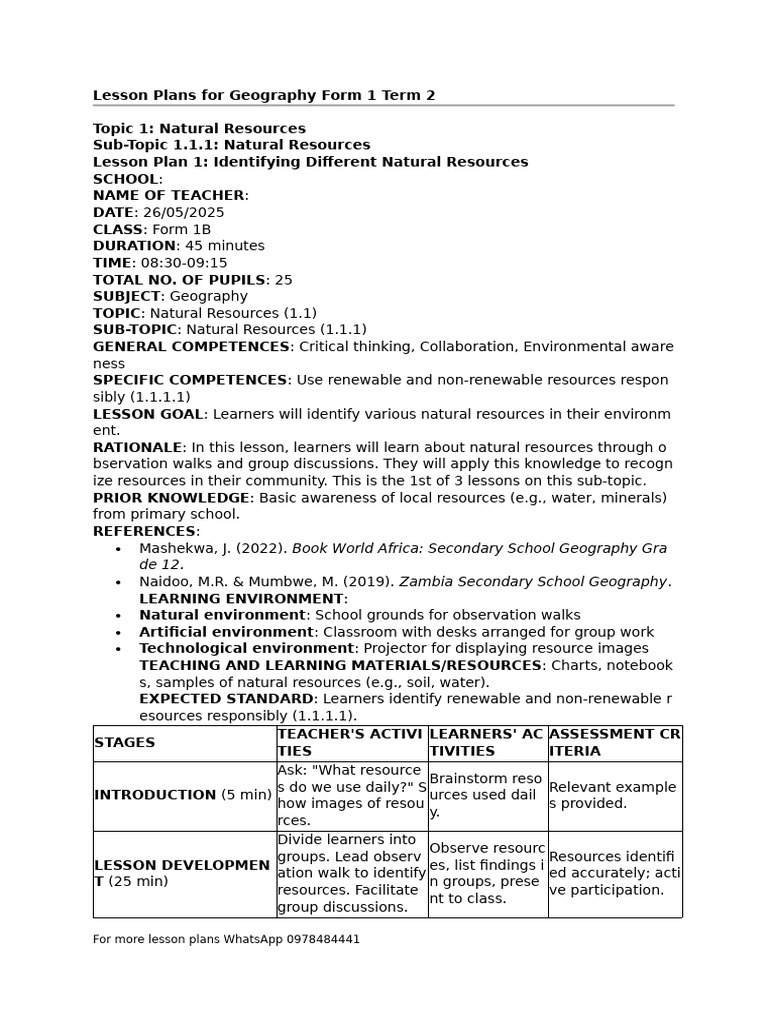 Geography Lesson Plans: Form 1 Term 2 | PDF | Lesson Plan | Educational ...