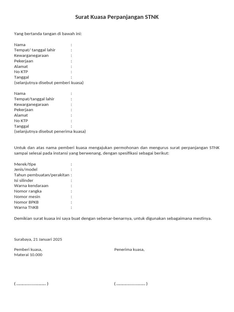Surat Kuasa Perpanjangan STNK | PDF
