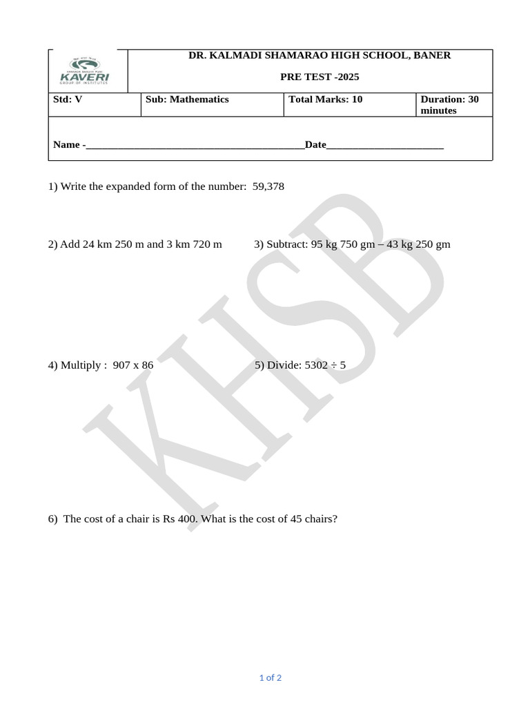 Pre Test Class 5 Math Pdf 2296