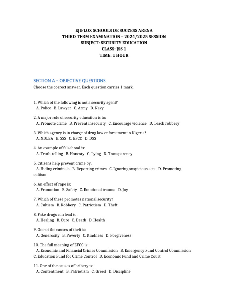 Ejiflox JSS1 Security Education Exam With Theory | PDF | Crimes | Crime ...