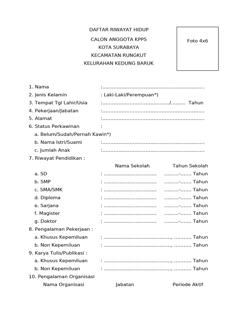 Daftar Riwayat Hidup KPPS 2024 | PDF