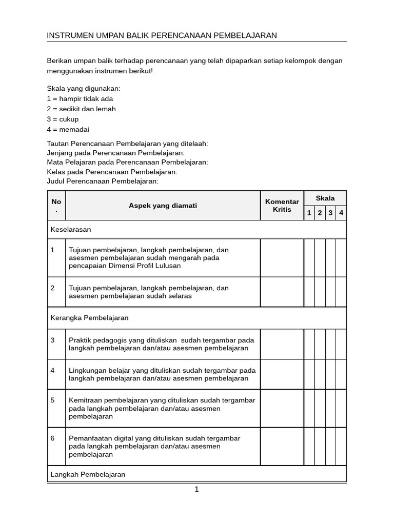5e Lampiran 1 - Instrumen Umpan Balik Perencanaan Pembelajaran | PDF