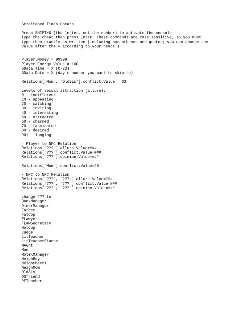 Straitened Times Cheats | PDF