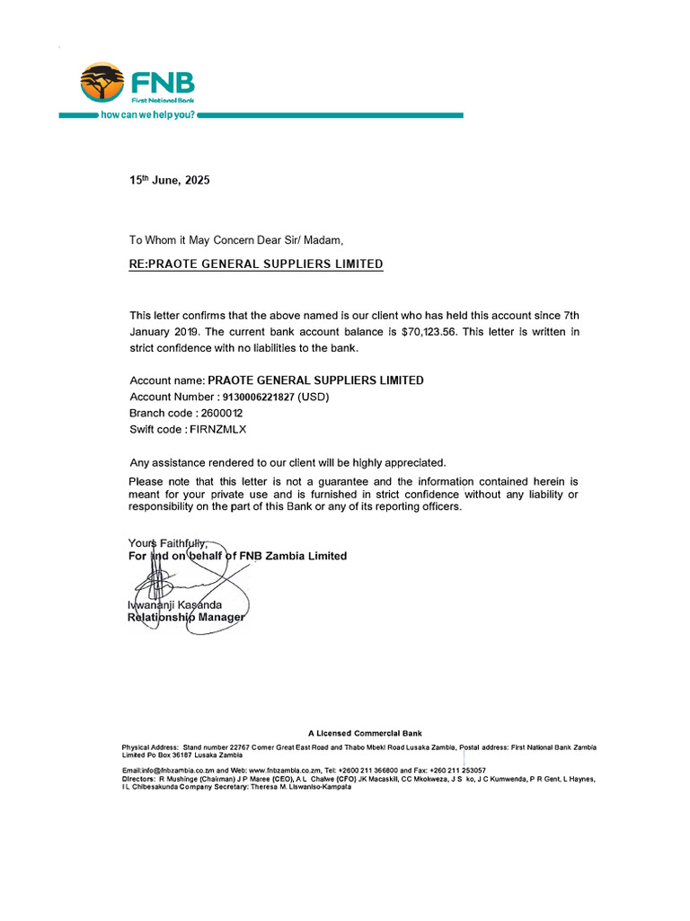 FNB Bank Detailspraote General Suppliers Limited | PDF