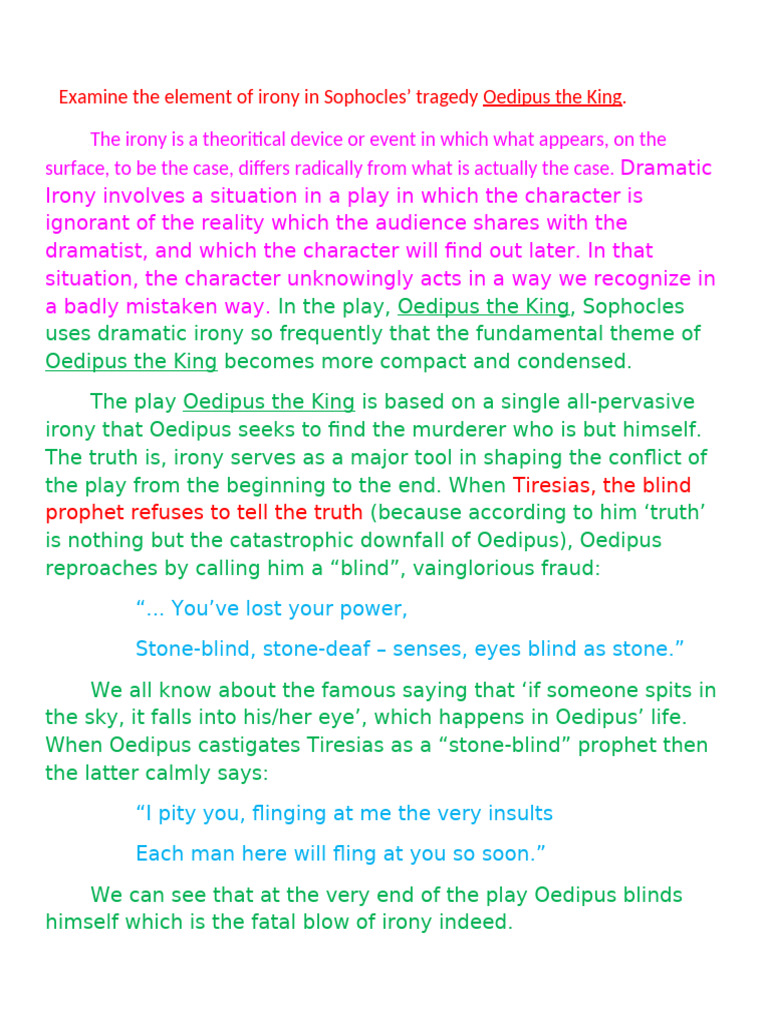Examine The Element of Irony in Sophocles | PDF | Oedipus | Theban ...