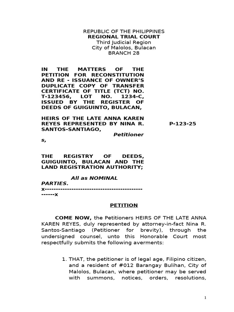 Petition for Reconstitution of TCT No. T-123456 | PDF | Land Law ...
