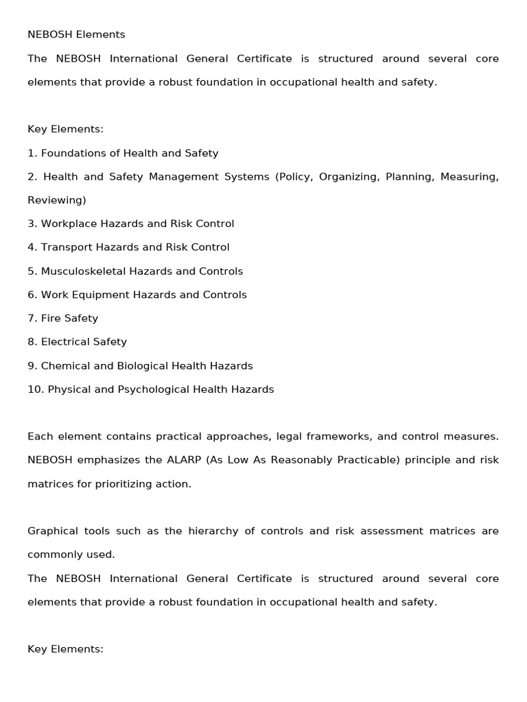 NEBOSH IGC Core Elements Overview | PDF | Occupational Safety And ...