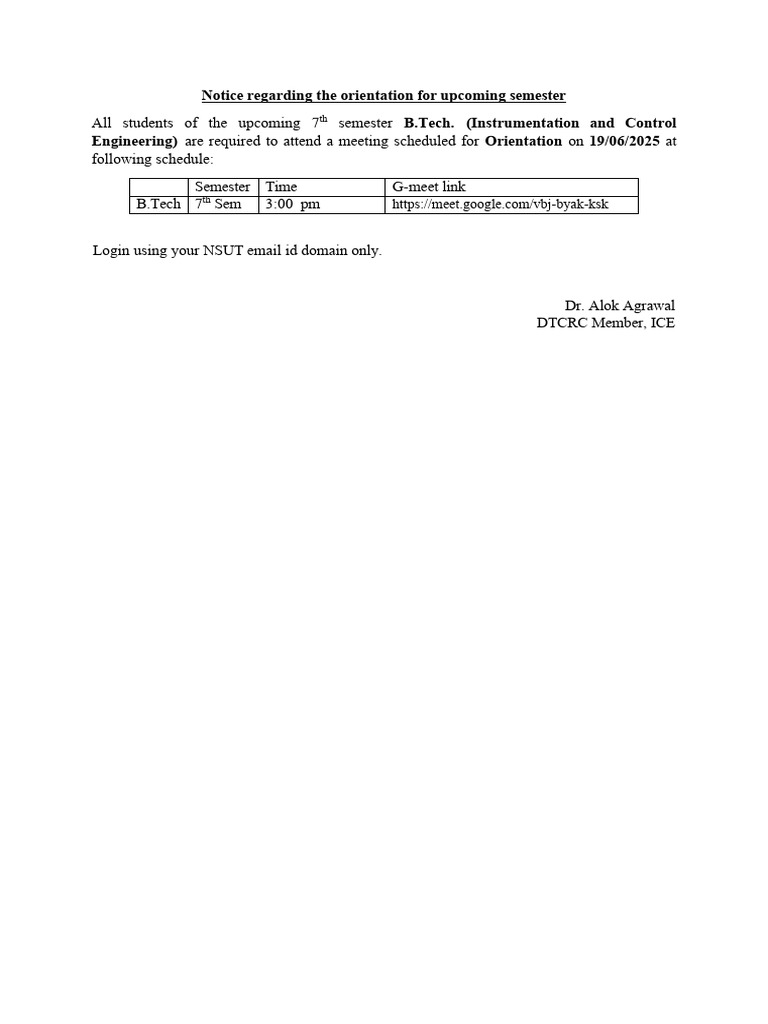 Notice Regarding The Orientation For Upcoming Semester | PDF