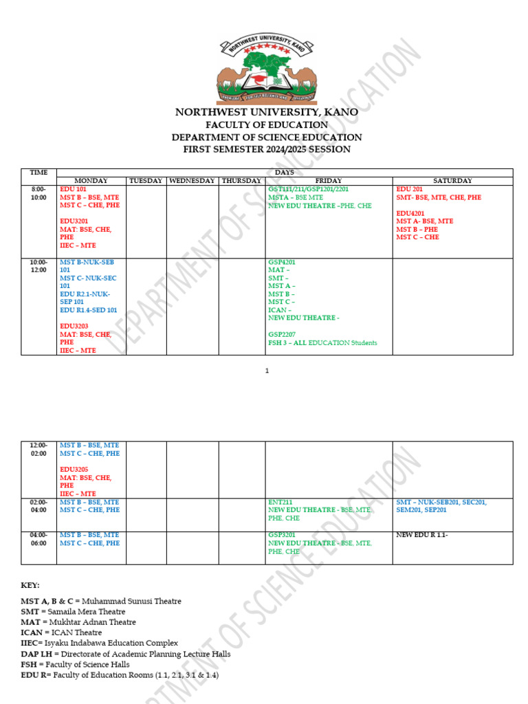 Science Education Timetable 1st Semester 2024 2025 Session | PDF