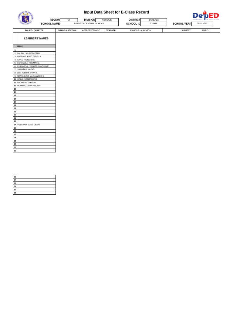 E-Class Record for Grade 4 MAPEH | PDF | Learning