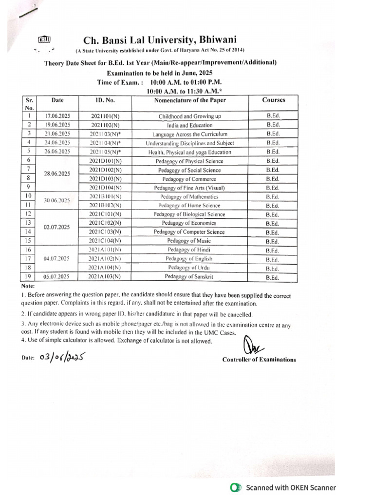 Theory Date For B.ed. | PDF