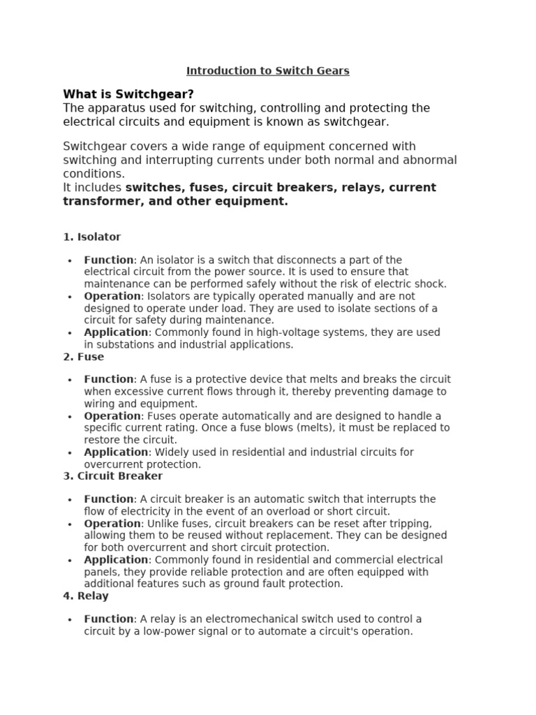 Overview of Switchgear Components | PDF | Fuse (Electrical) | Relay