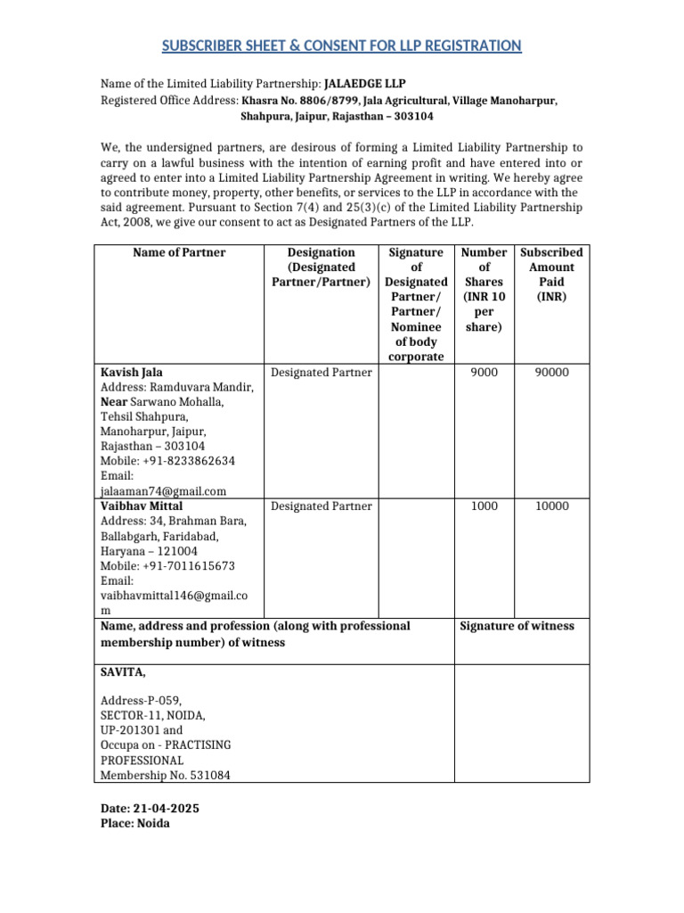 Subscriber Sheet Consent JALAEDGE LLP | PDF
