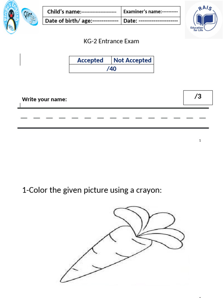 KG-2 Entrance Exam Instructions | PDF