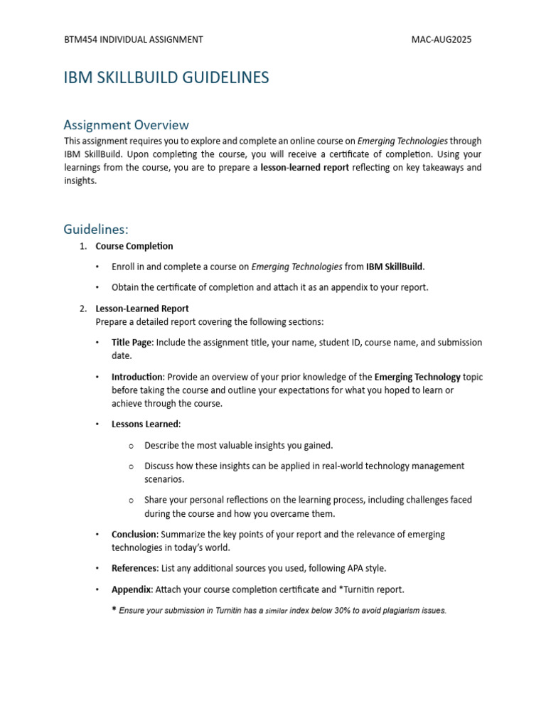Btm454 Individual Assignment Ibm Skillbuild Report Guideline v2 | PDF