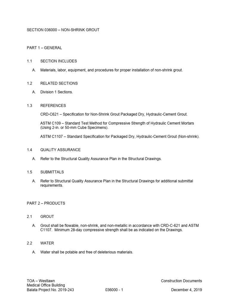 Non-Shrink Grout Specifications and Guidelines | PDF | Cement ...