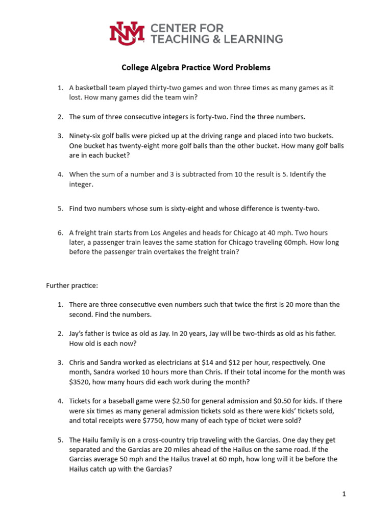 College Algebra Word Problems | PDF | Equations | Numbers
