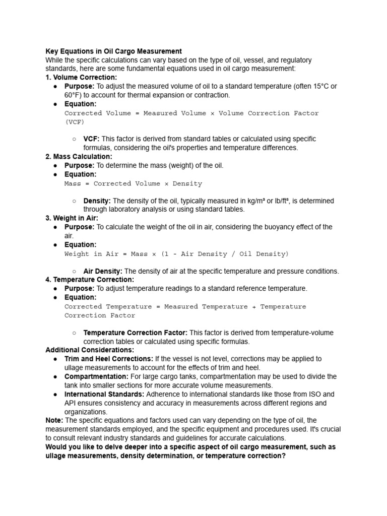 Oil Cargo Measurement Equations Guide | PDF | Density | Volume