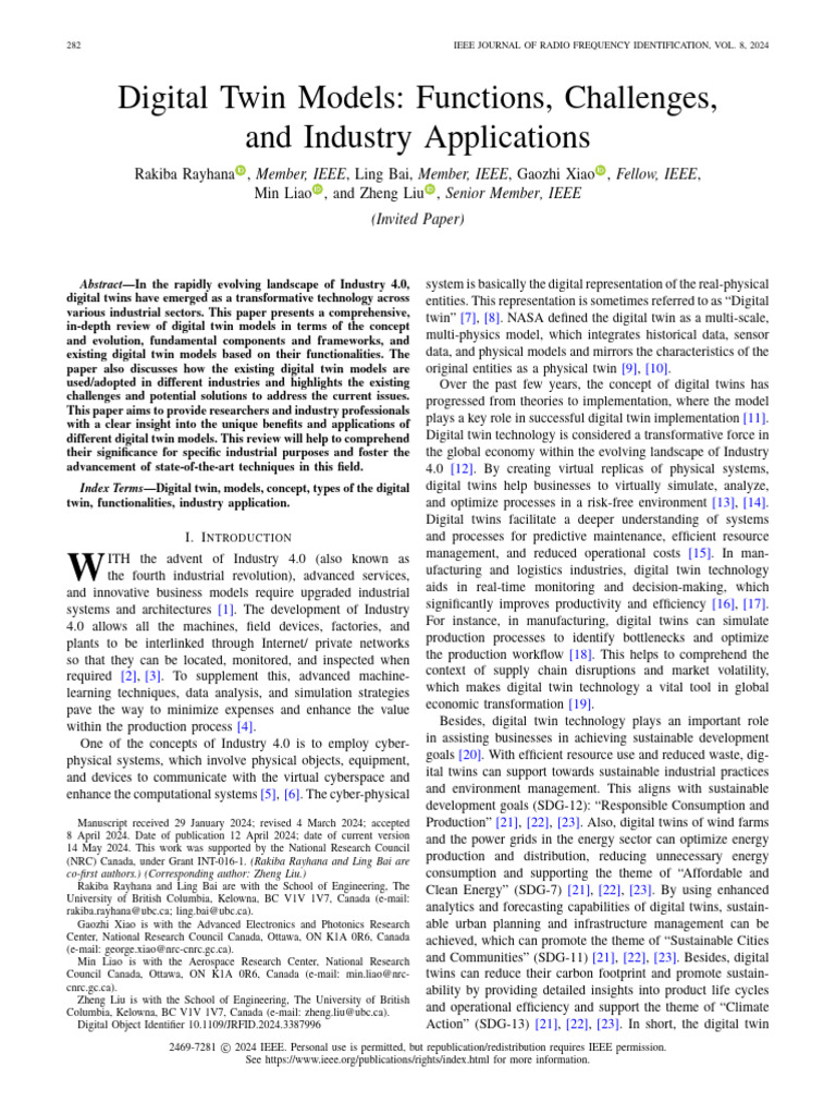 Digital Twin Models Functions Challenges and Industry Applications ...