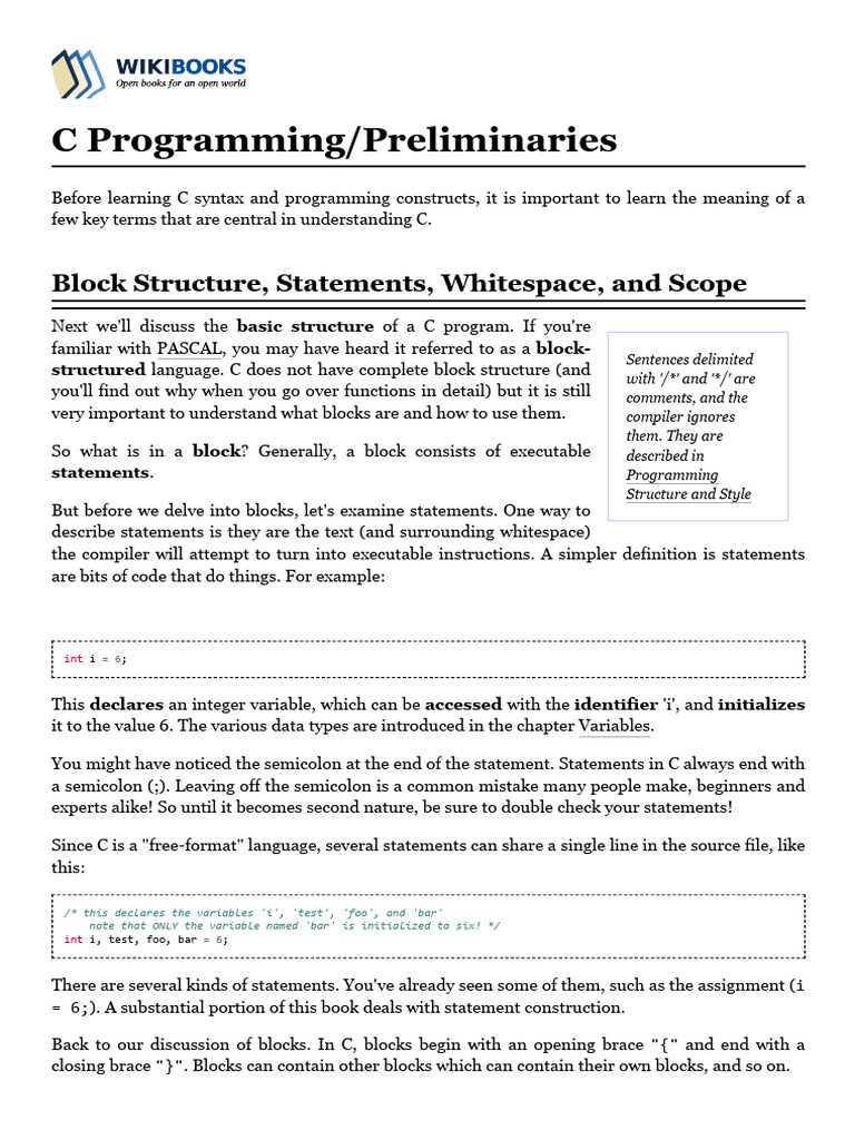 C Programming Preliminaries Wikibooks Open Books For An Open World Pdf Scope Computer