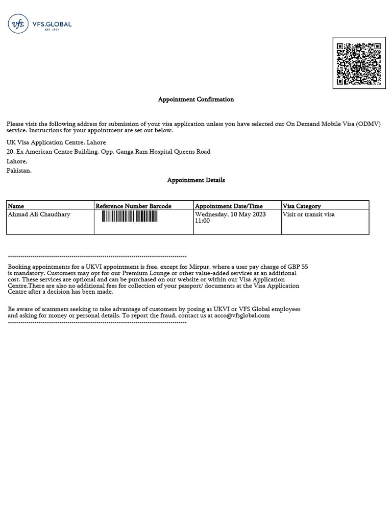 VFS Global Appointment Confirmation | PDF