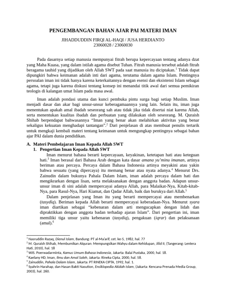 Pengembangan Bahan Ajar Pai Materi Iman (Artikel) | PDF