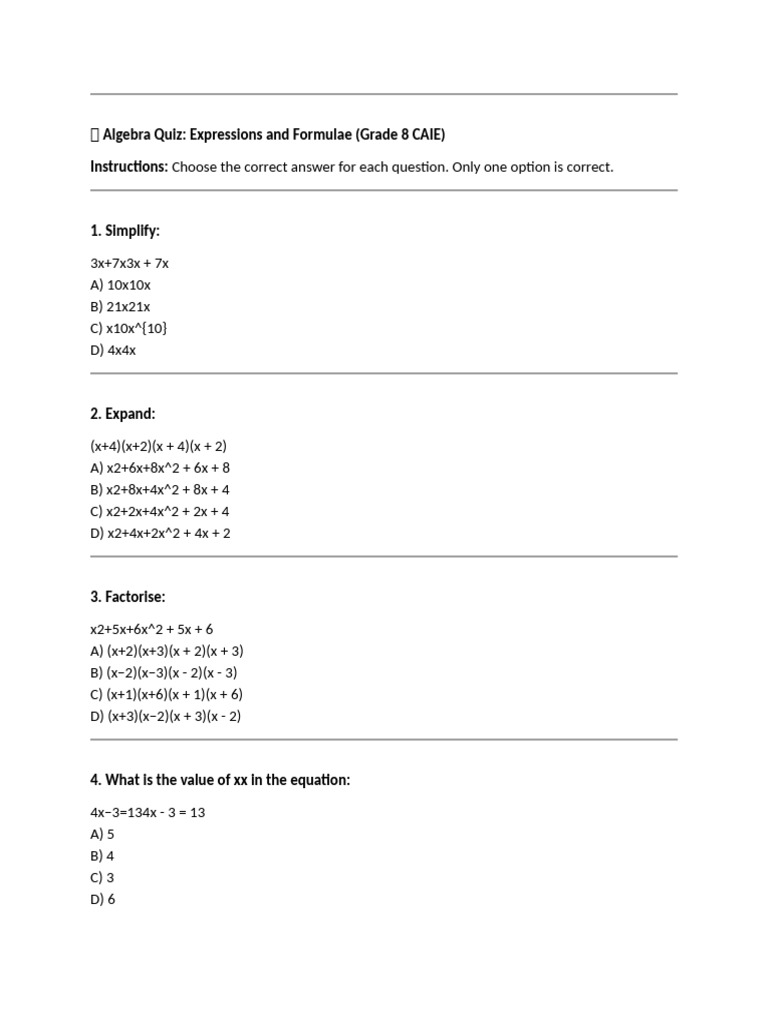 Grade 8 Algebra Quiz: Expressions & Formulas | PDF