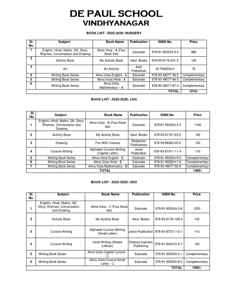 De Paul School Book List 2025-2026 | PDF