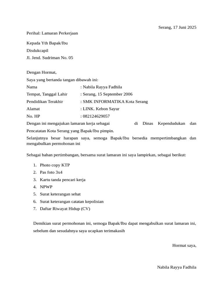 Surat Lamaran Rayya Capil | PDF